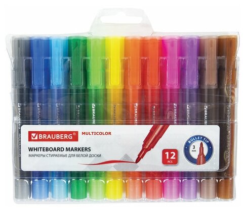 Маркеры стираемые для белой доски набор 12 цветов, BRAUBERG "MULTICOLOR", 3 мм, 152121 (цена за 1 ед. товара)