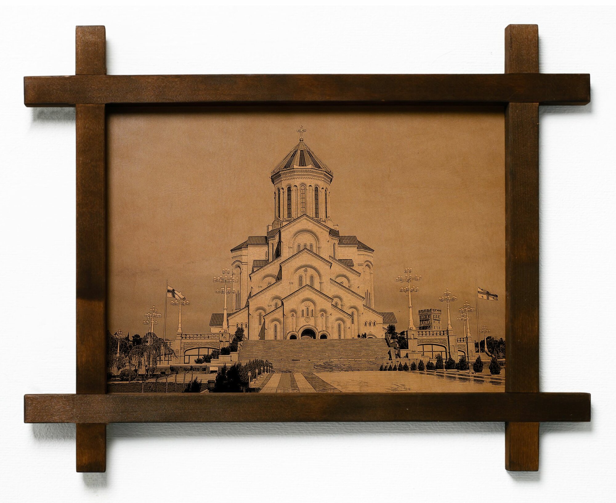 Картина интерьерная, натуральная кожа, "Собор Цминда Самеба" (Грузия), в деревянной раме, BoomGift