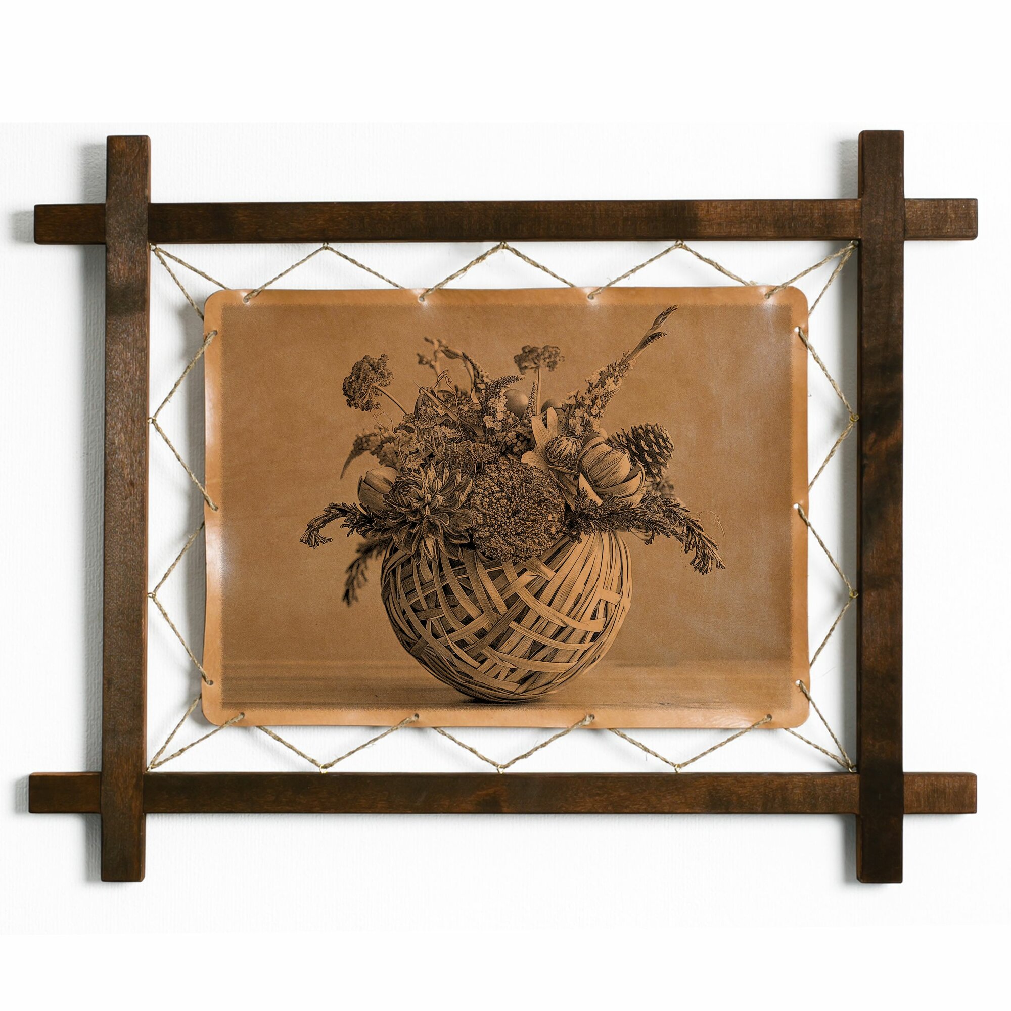 Картина интерьерная, натуральная кожа, "Корзинка с сушеными цветами, натюрморт", в деревянной раме, BoomGift