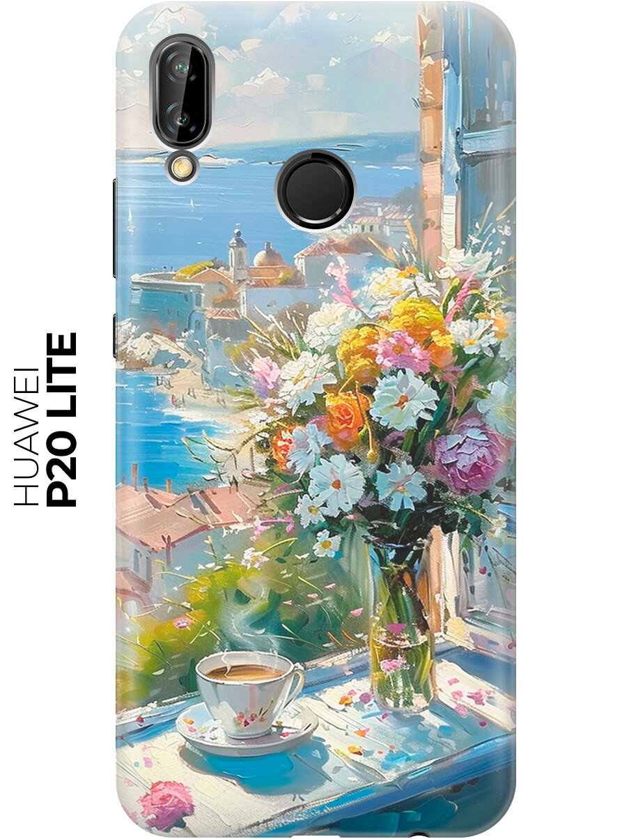 Силиконовый чехол на Huawei P20 Lite / Nova 3e с принтом "Букет цветов и кофе"