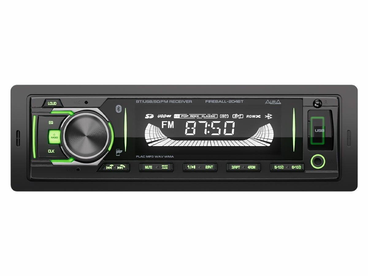 Ресивер автомобильный AurA FIREBALL-204BT, Bluetooth, USB, зеленый, 1 DIN