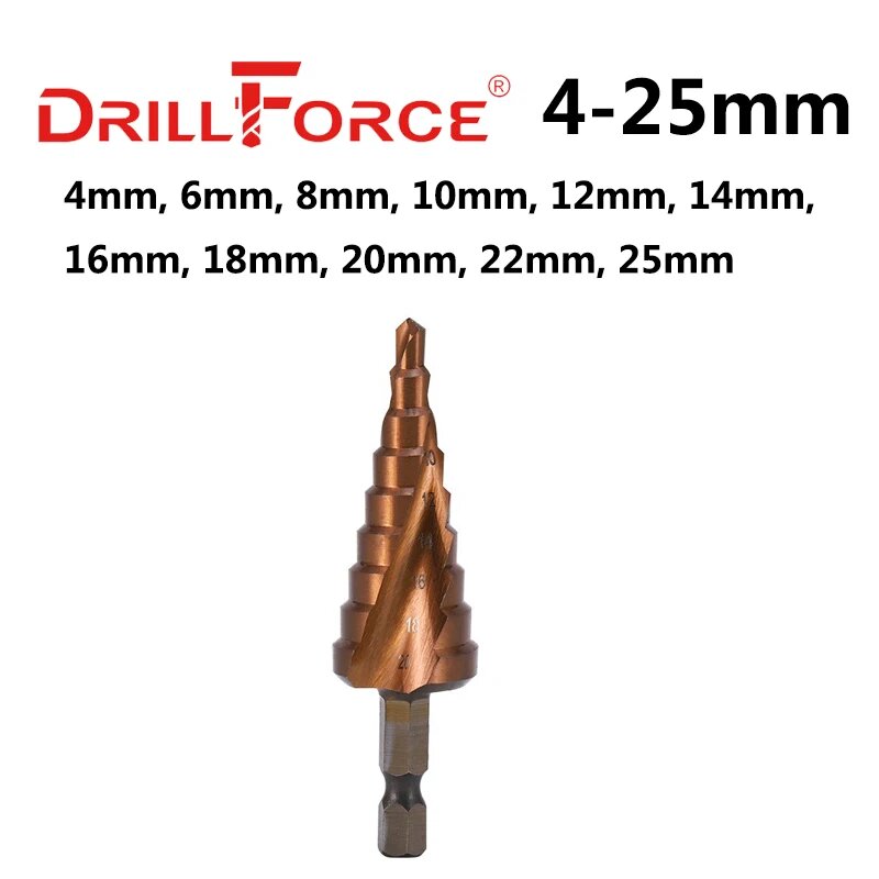 DRILLFORCE Ступенчатое сверло M35 5% кобальт 3-12/3-14/4-12-20/4-22/4-25/4-32/5-21/5-27/6-24 мм 4-25mm(11 Steps)
