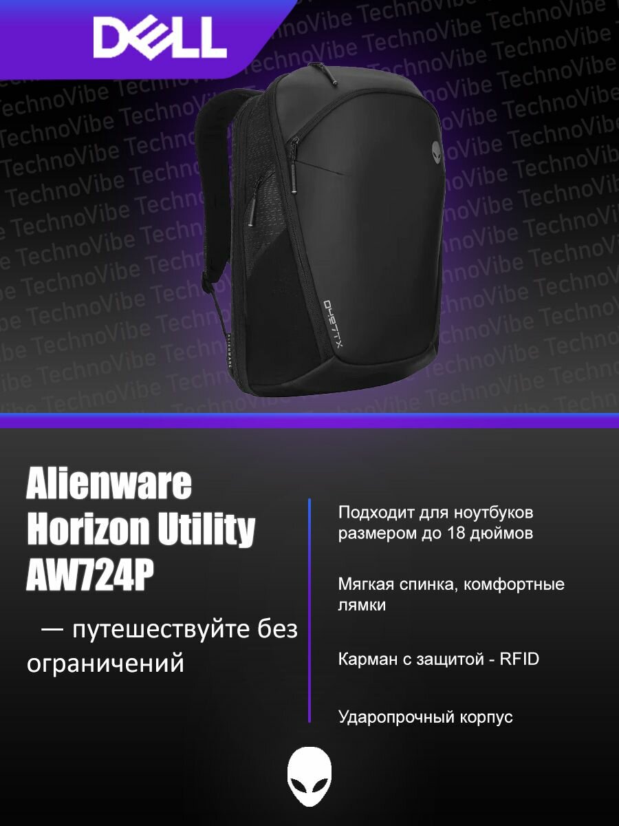 Рюкзак Dell Backpack Alienware Horizon Utility aw724P для Alienware M18 R1/R2, черный (18" дюймовб)