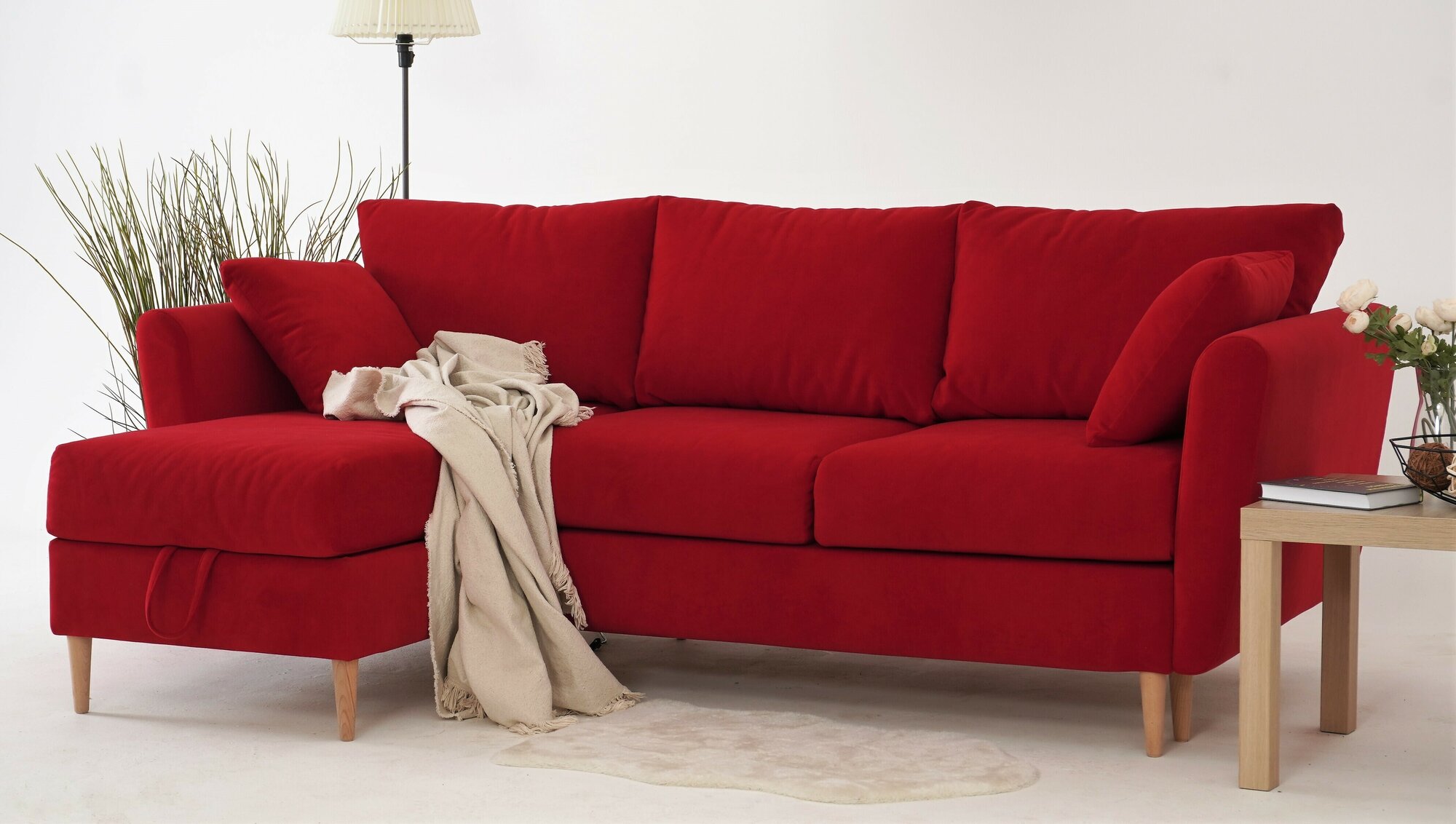 Диван угловой Фред, раскладной Тик-Так, 227х152 на высоких ножках, раскладной, с ящиком для белья, в гостиную, Независимые пружины, Велюр Teddy 644 Ярко-красный Teddy 644