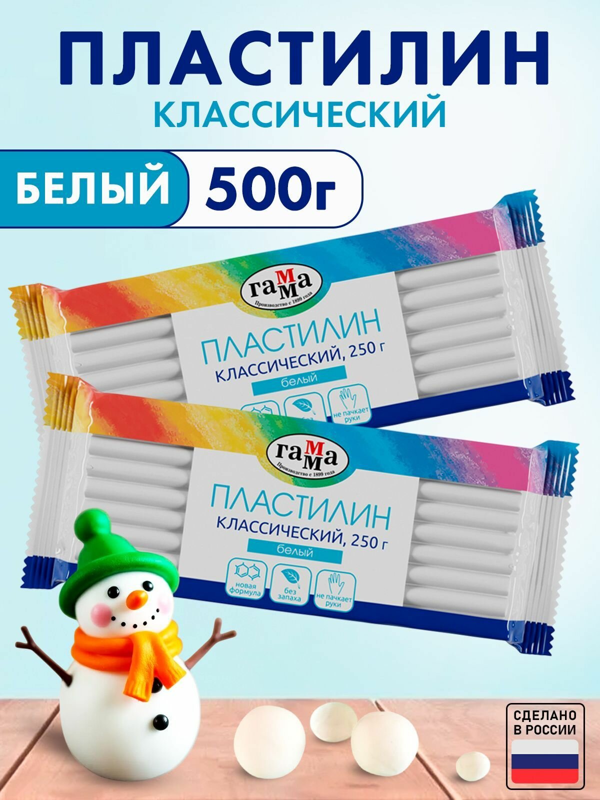 Гамма Пластилин "Классический", белый, 250г, 2шт для лепки 250 грамм 2 штуки