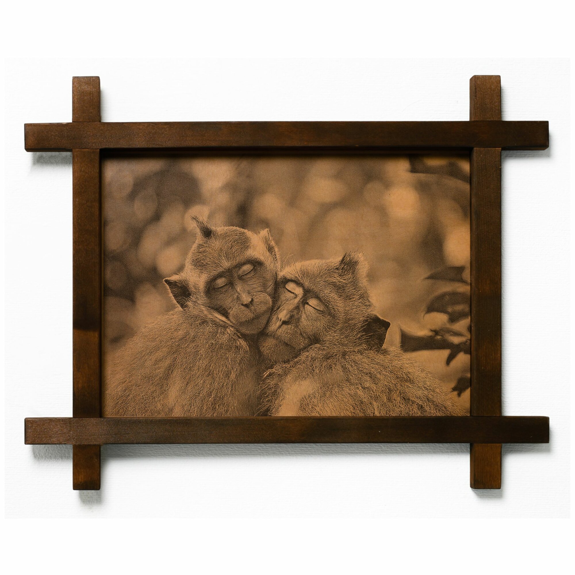 Интерьерная картина из натуральной кожи "Обезьянки спят", декоративное настенное панно в деревянной раме, BoomGift