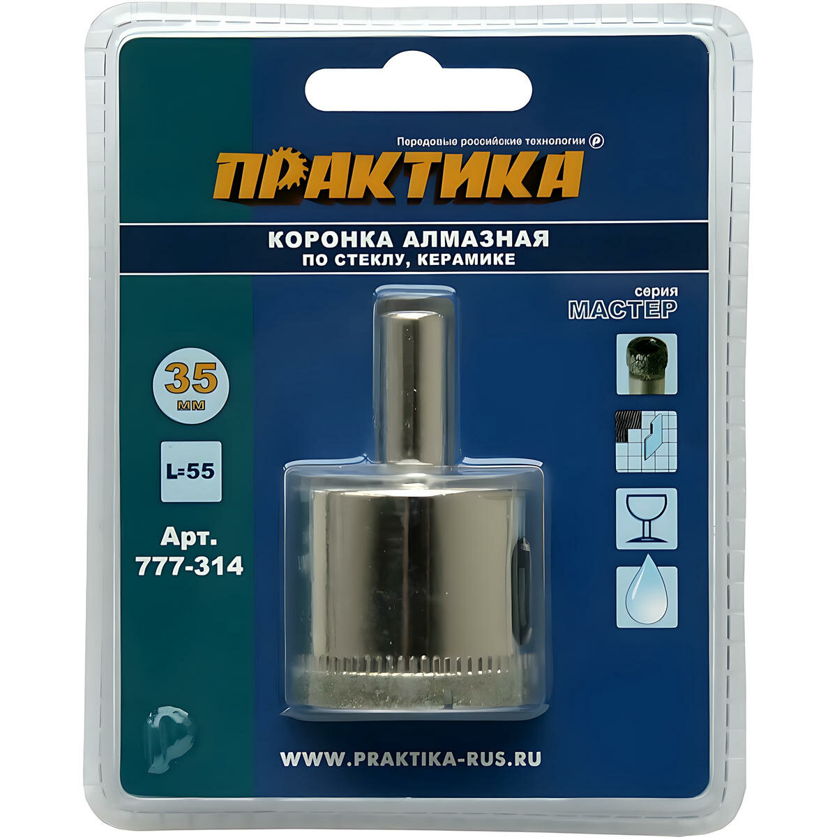 Коронка алмазная 35 мм (1 шт, стекло, керамика) Сделай сам ПРАКТИКА 777-314