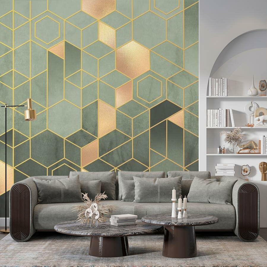Фотообои Геометрия шестиугольники золотые 9-1511-XXL-Холст 270 x 600 см (ВхШ) Бесшовные, флизелиновые, влагостойкие обои MasterFresok