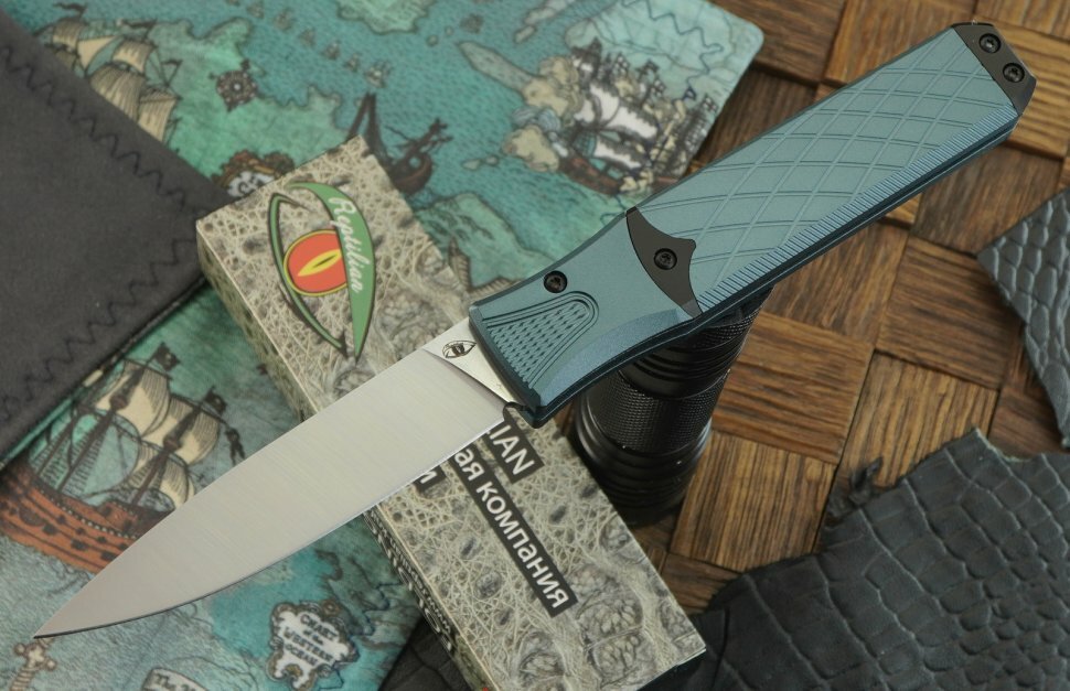 Автоматический складной нож Reptilian Шик-03, сталь VG-10, рукоять бирюзовый алюминий