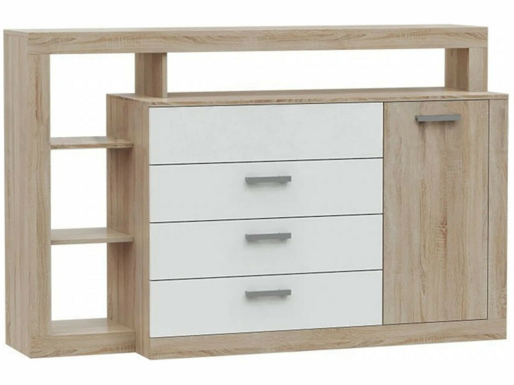 Комод с 4 ящиками, секцией с полкой за распашной дверью и открытыми полками, ЛДСП, Дуб Сонома/белый