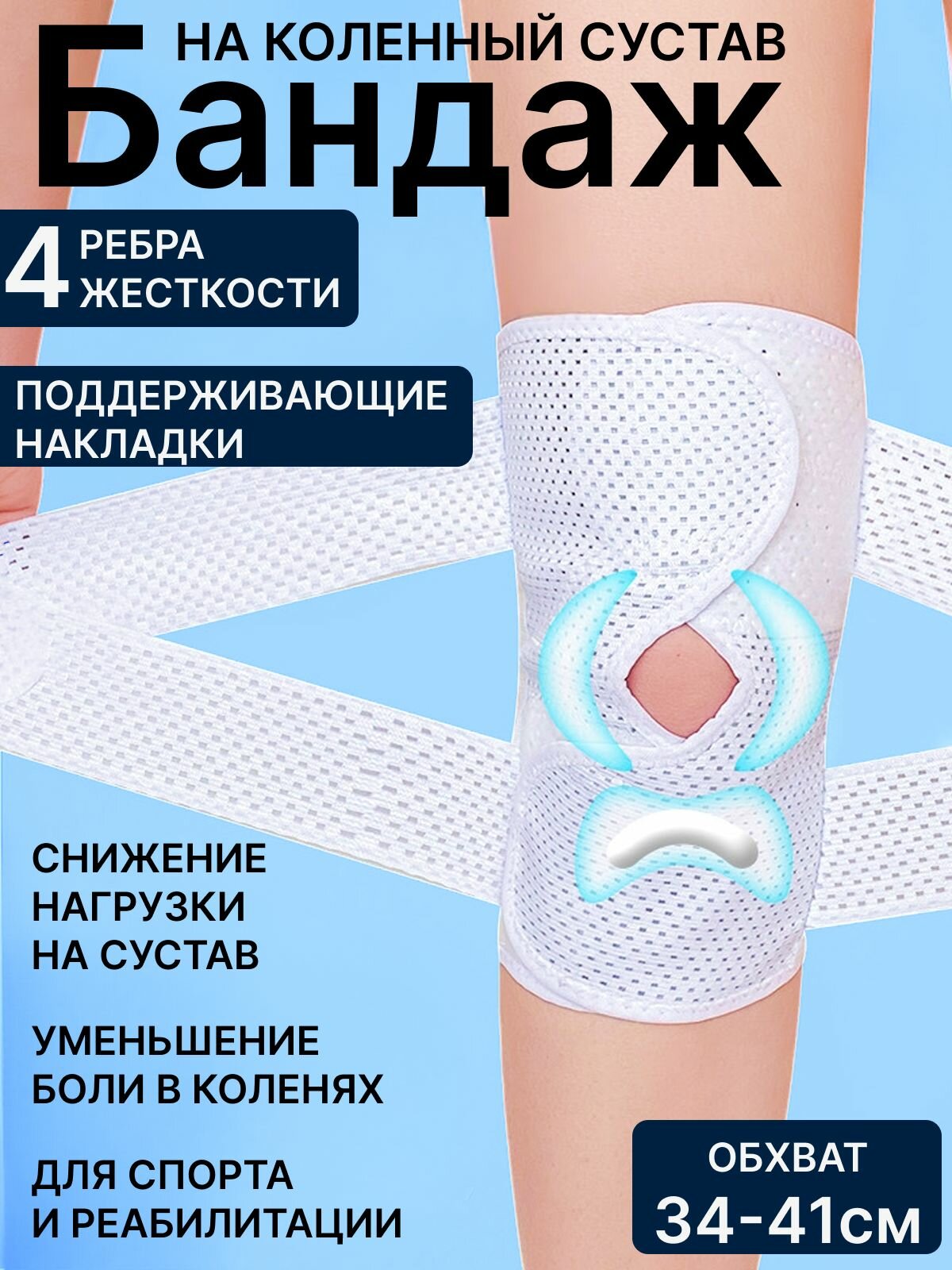 Бандаж на коленный сустав для спорта и реабилитации размер M, наколенник ортопедический для фиксации и поддержки сустава и мениска, ортез на колено с 4 ребрами жесткости
