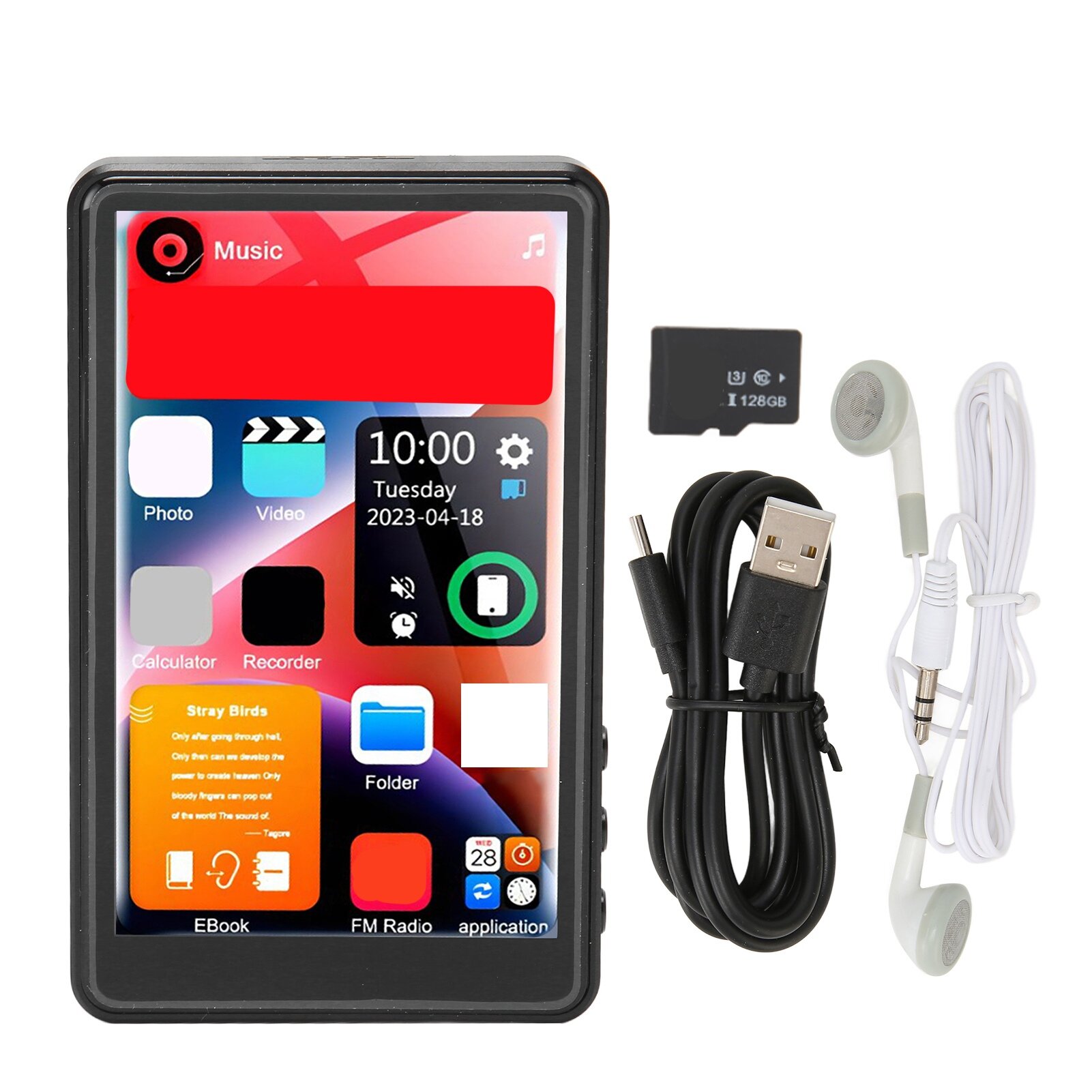 MP3-плеер с 4-дюймовым сенсорным экраном, HD-разрешением, шумоподавлением, поддержкой 1080p, FM-радио, записью, Bluetooth, объемом памяти 16 ГБ и 128 ГБ.