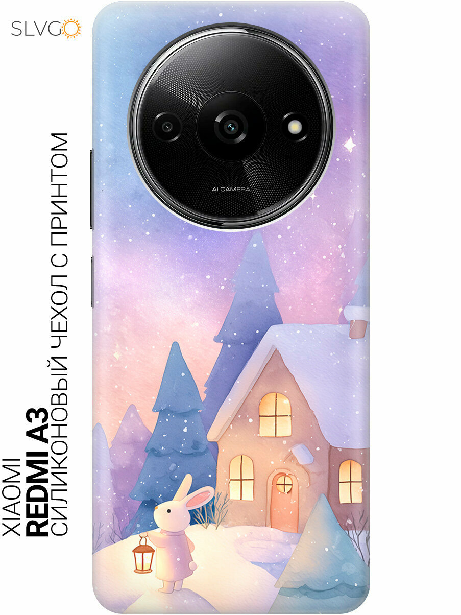 Силиконовый чехол на Xiaomi Redmi A3 / Poco C61 с принтом Кролик и заснеженный дом, trn
