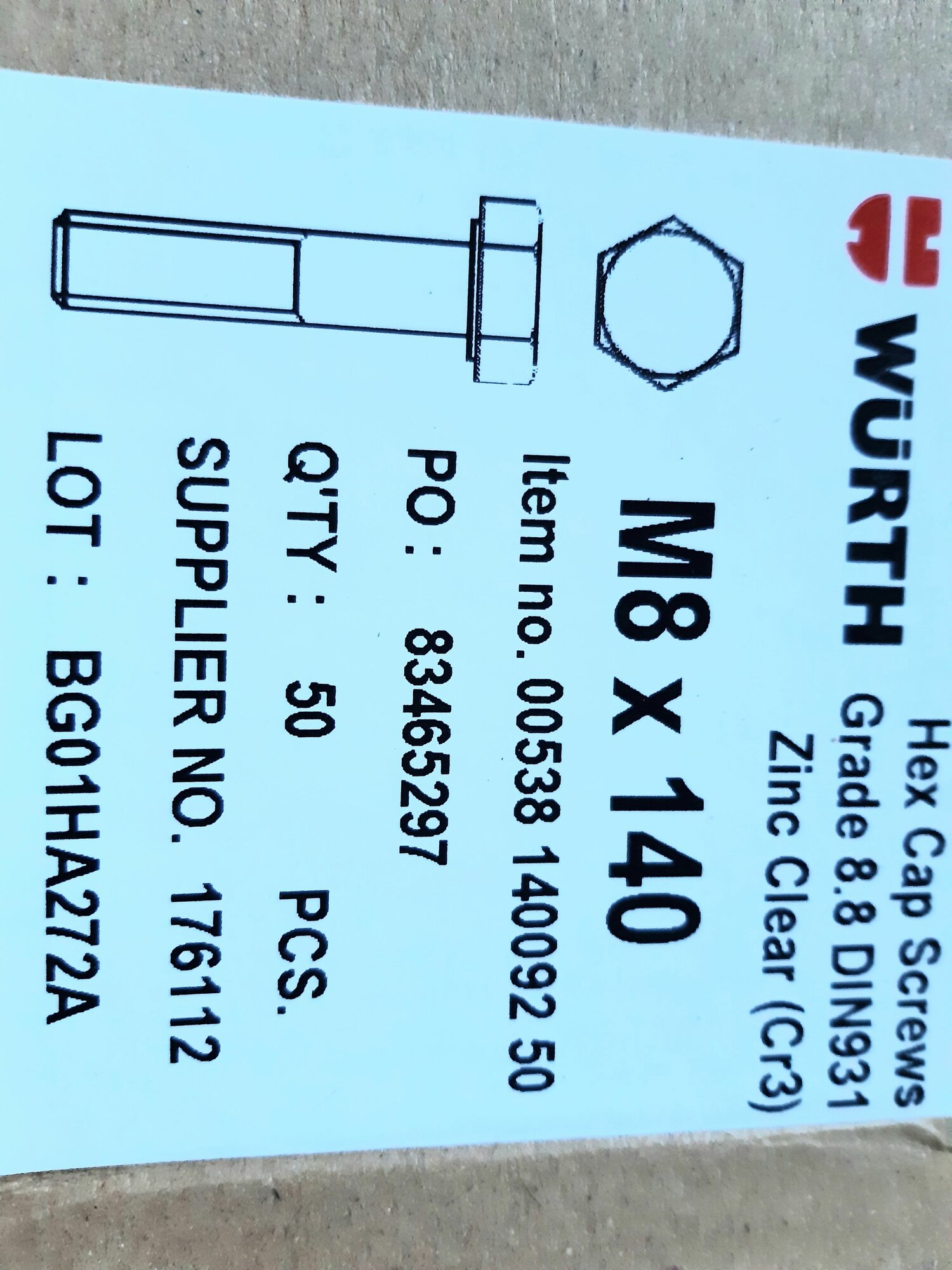 Болт DIN 931 М8х140, оц. ст, кл. пр. 8.8, Wurth. 10 шт. Германия