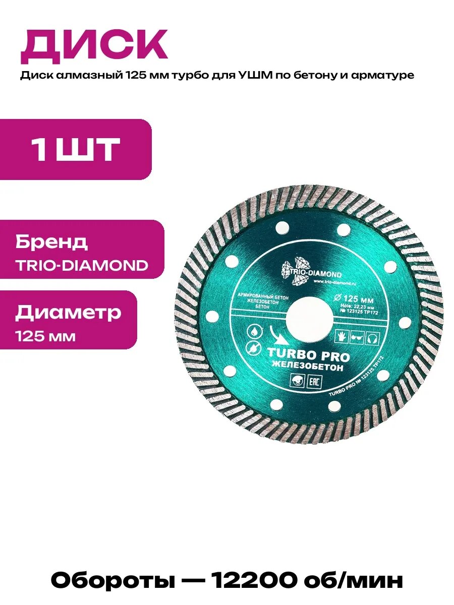 Алмазный отрезной диск 125х22.23 мм турбо для железобетона
