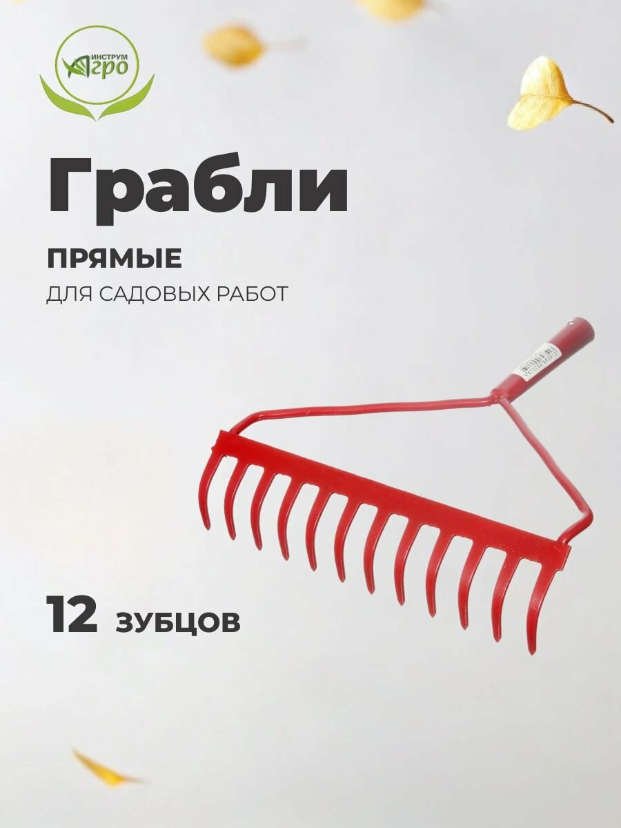 Грабли садовые прямые металл 12 зубцов, без черенка, Инструм-Агро