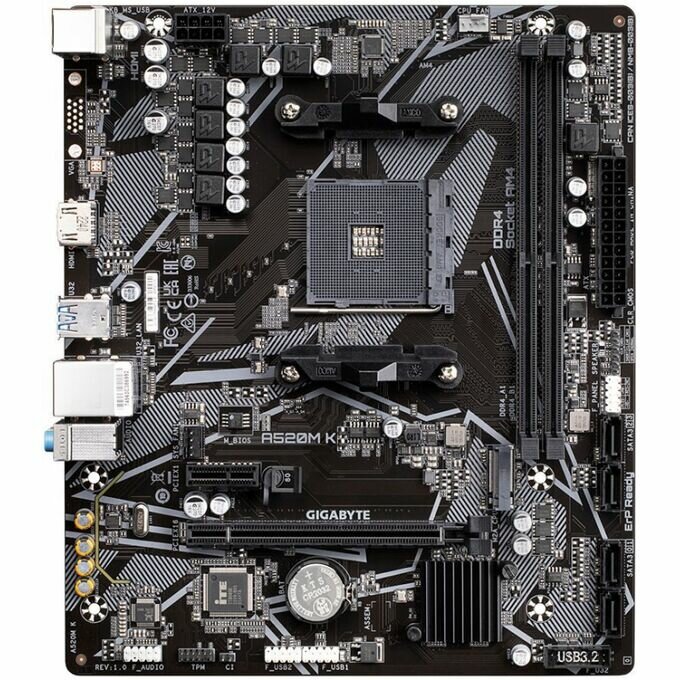 MB sAM4 Gigabyte A520M K V2, Socket AM4, AMD A520, 2xDDR4-3200, D-SUB+HDMI, 1xPCI-Ex16, 1xPCI-Ex1, 4xSATA3(RAID 0/1/10), 1xM.2, 8 Ch Audio, GLan, (2+4)xUSB2.0, (4+2)xU
