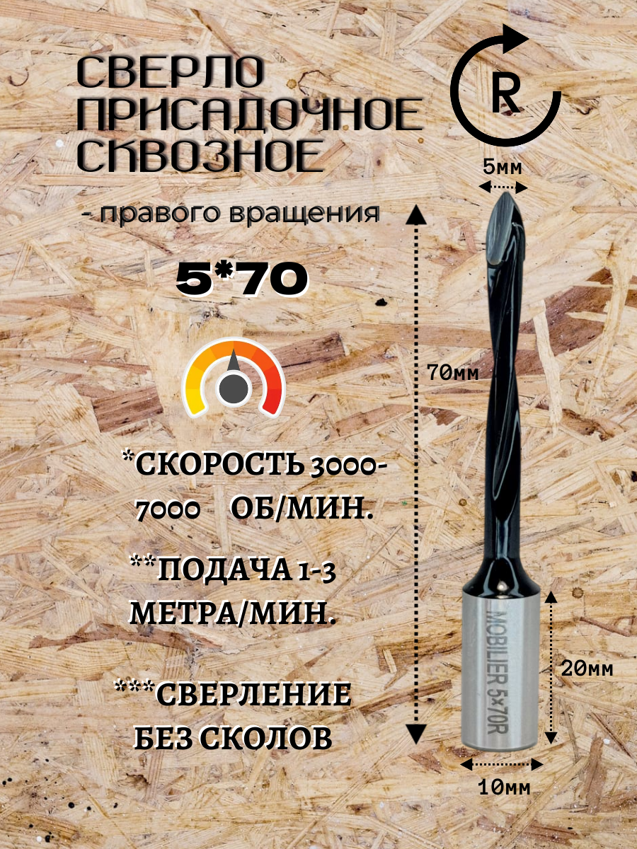 Сверло присадочное сквозное правого вращения 5*70 S10*H20 RH