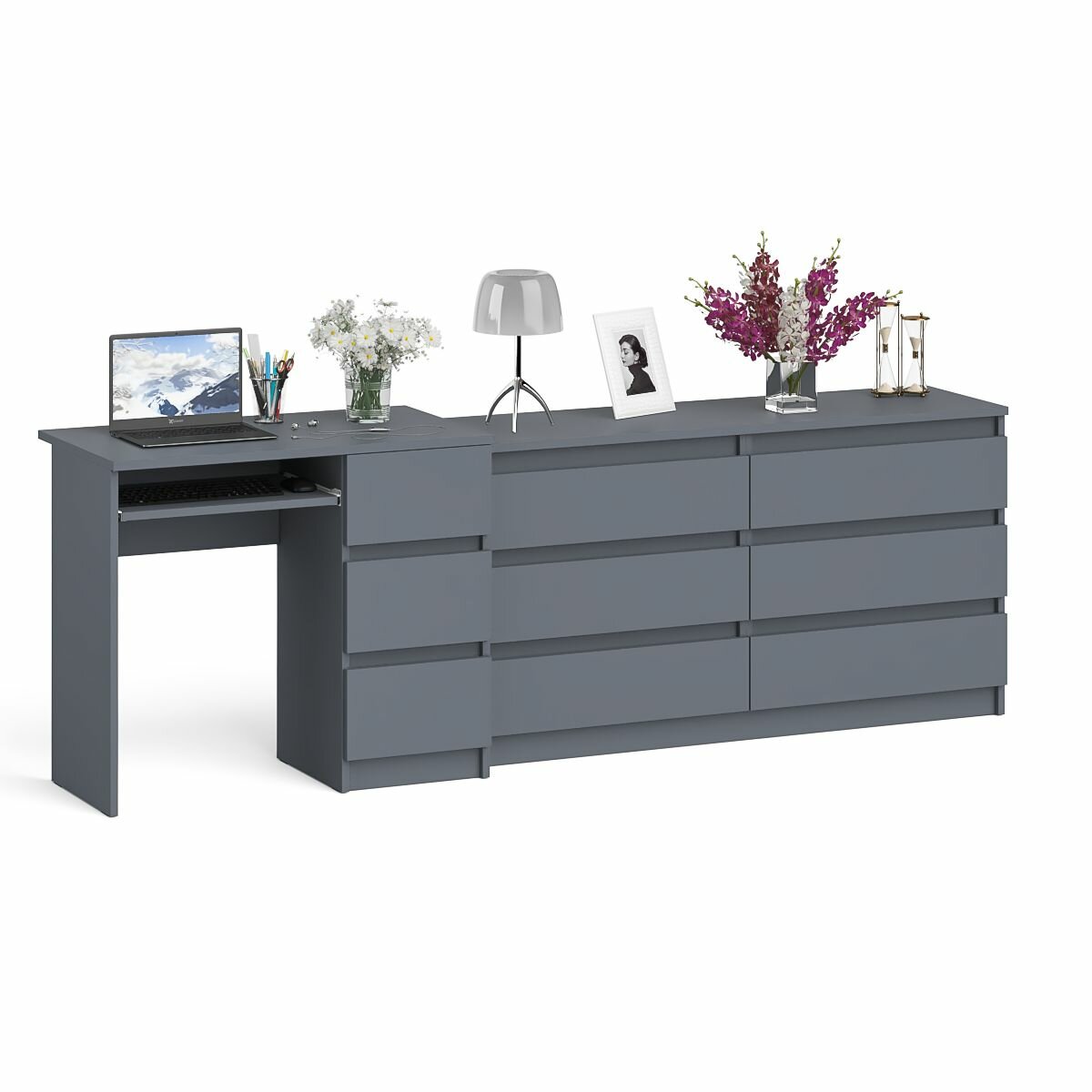 Комод 6-ть ящиков СВК Мори с однотумбовым столом компьютерным правым цвет графит, 228х50х76,6 см.