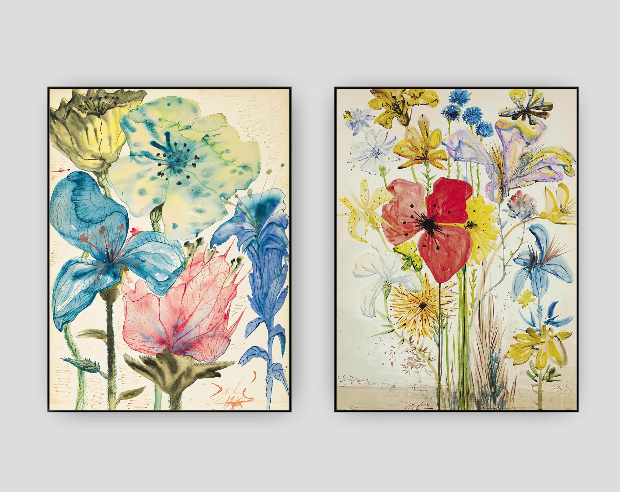 Набор интерьерных постеров Сальвадора Дали "Цветы", 40 x 50 см без рамы. 2 винтажных плаката в стиле сюрреализм "Цветочная Феерия" для интерьера и в подарок