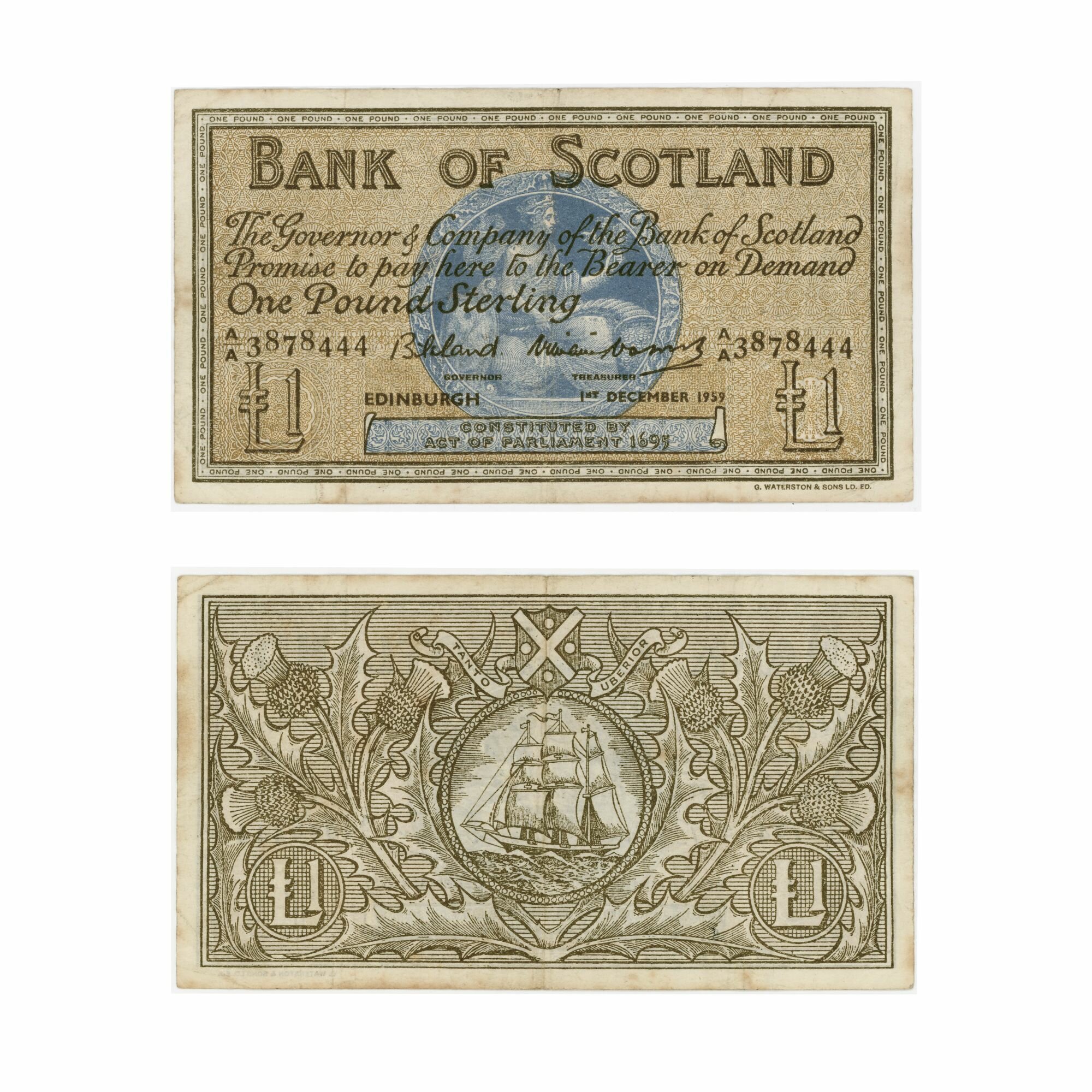 Банкнота Шотландия 1 фунт ONE POUND 1959 год Fine (F) Pick 100
