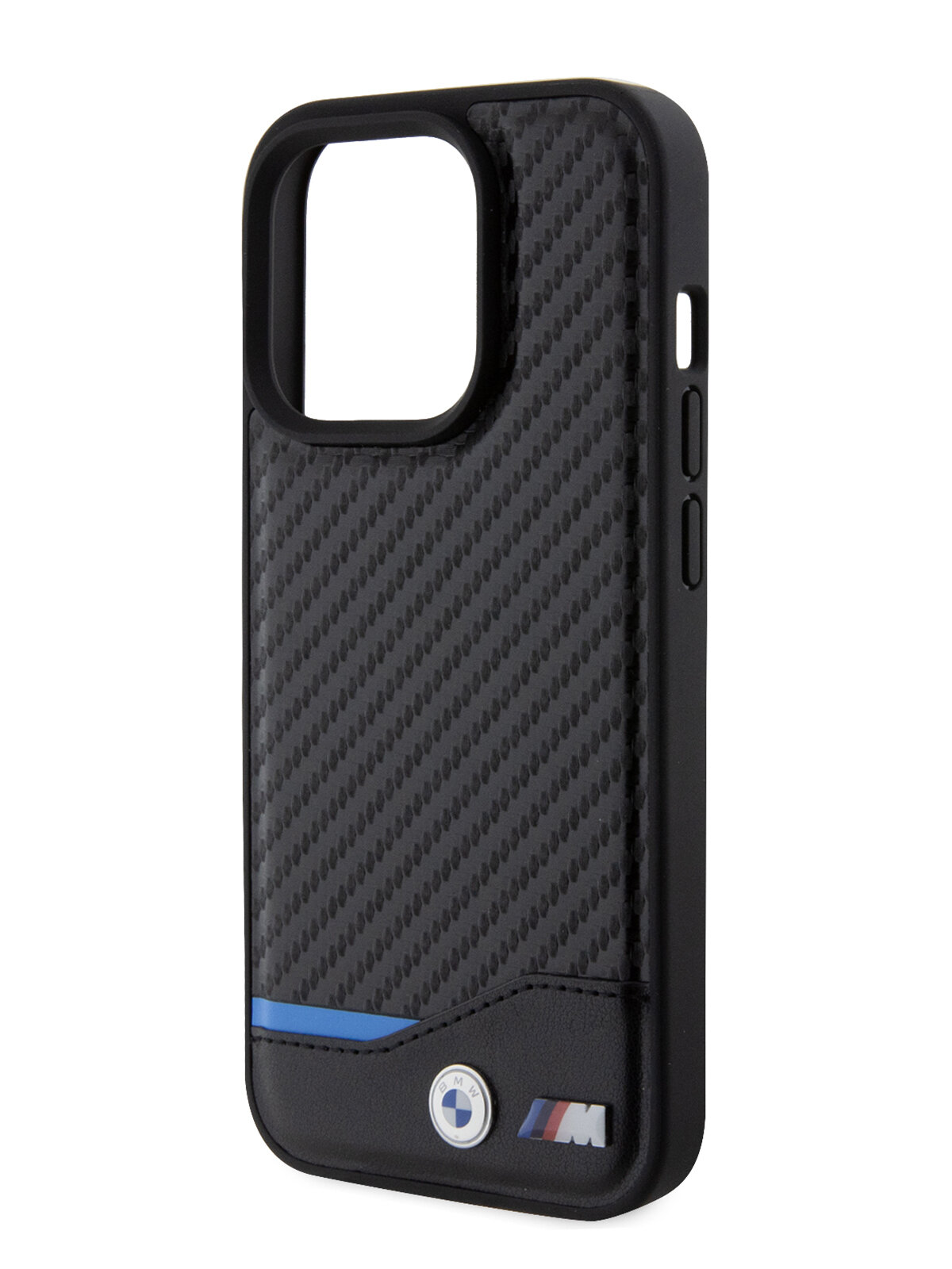 BMW для iPhone 15 Pro чехол M-Collection PU Carbon with blue line Hard Black (MagSafe)