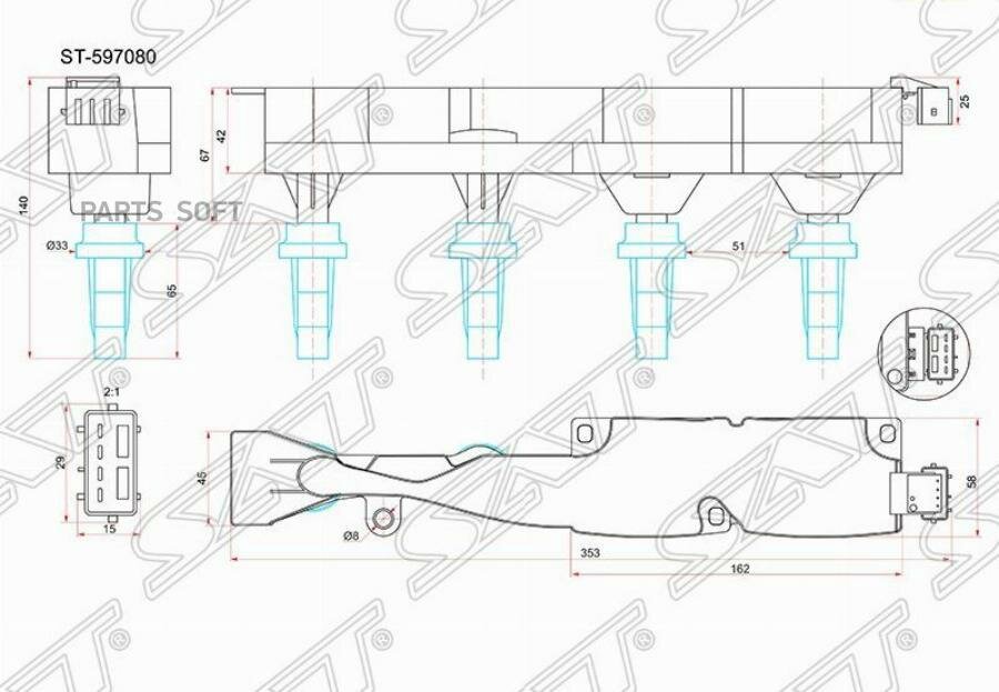 Катушка зажигания PEUGEOT 1007 05-10/206 00-08/207 06-12/307 02-10/CITROEN C3 00-09/C4 04- (модуль) SAT ST-597080 | цена за 1 шт