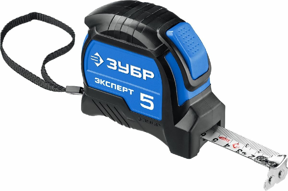 Профессиональная рулетка ЗУБР 5м х 25мм с нейлоновым покрытием автоматическим фиксатором магнитным крюком и двухсторонней шкалой