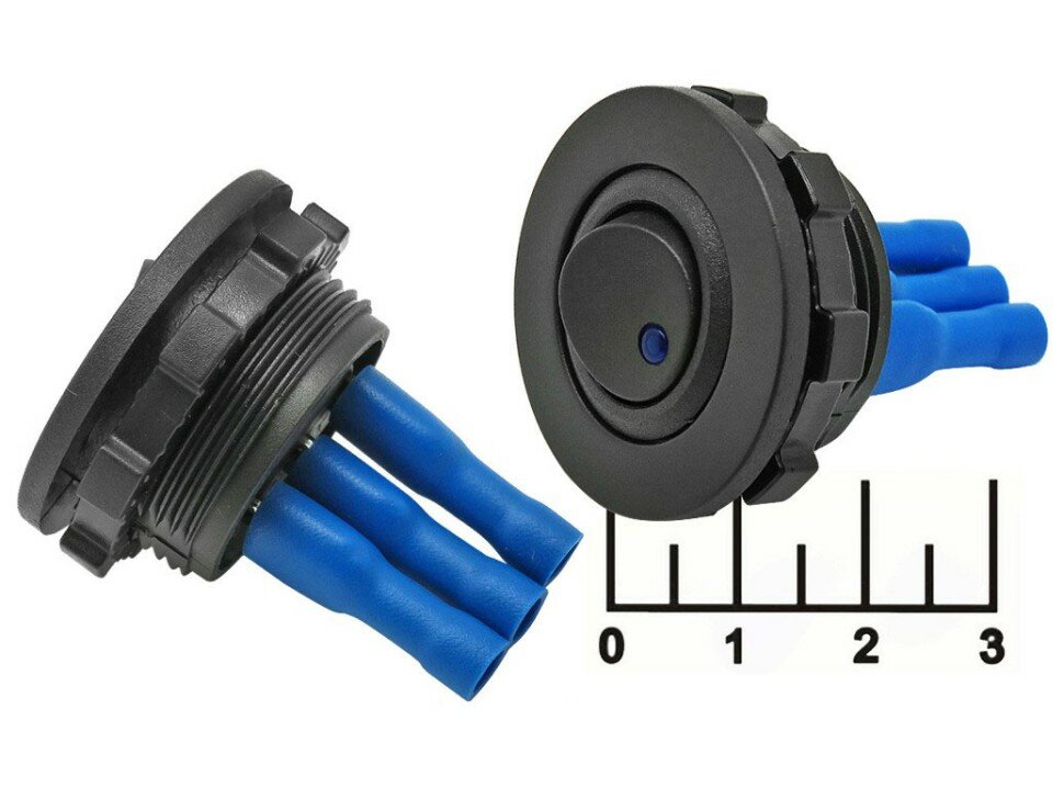 Выключатель 12/20 12V 20A черный LED синий круглый 3 контакта врезной в рамке (подсветка 12V)