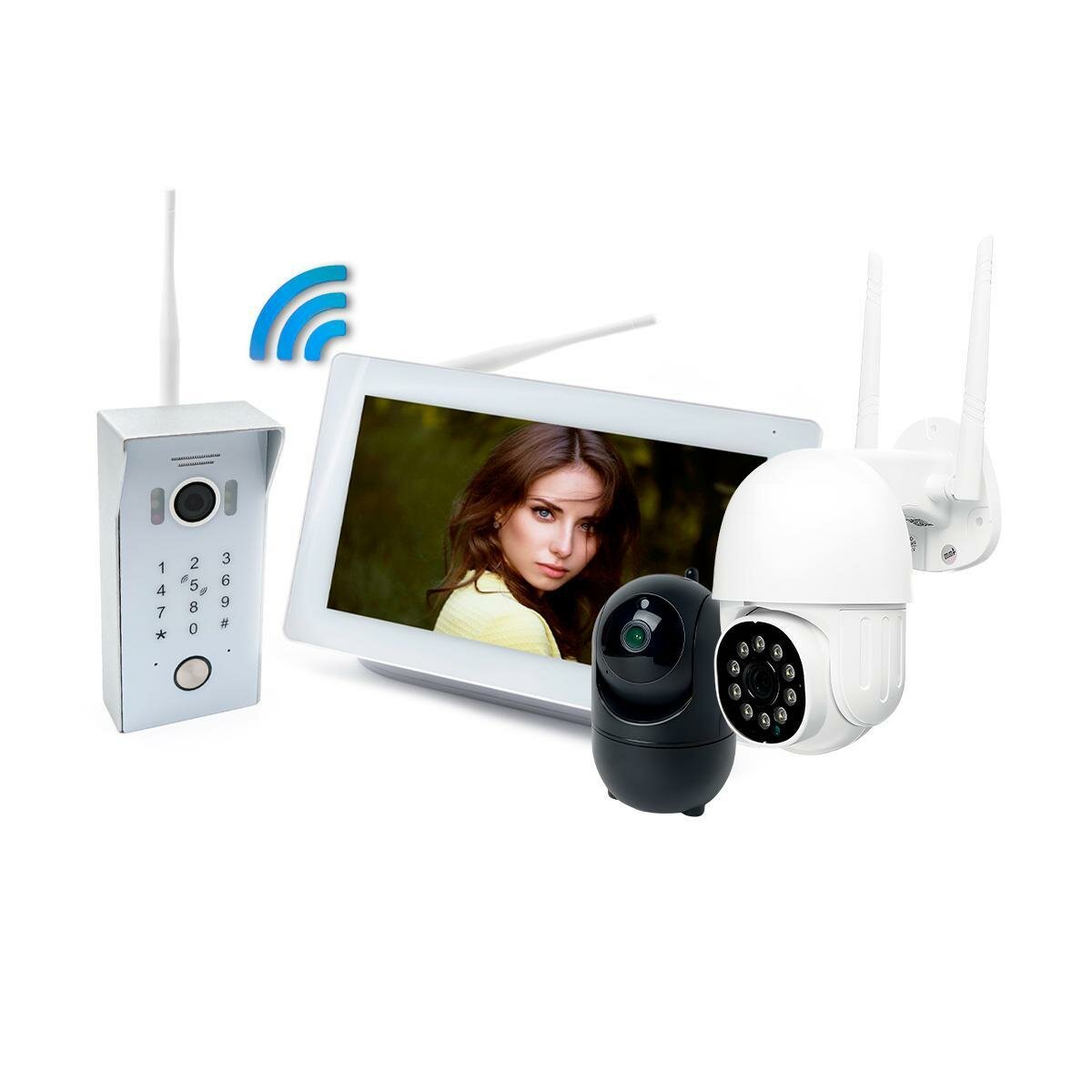 Беспроводной домофон TUYA и уличная Wi-Fi камера 5mp + домашняя Wi-Fi камера 5mp SkyNet 700-Tuya (1+1+1)-TFT (Q25209SKY), радиоканальная вызывная па