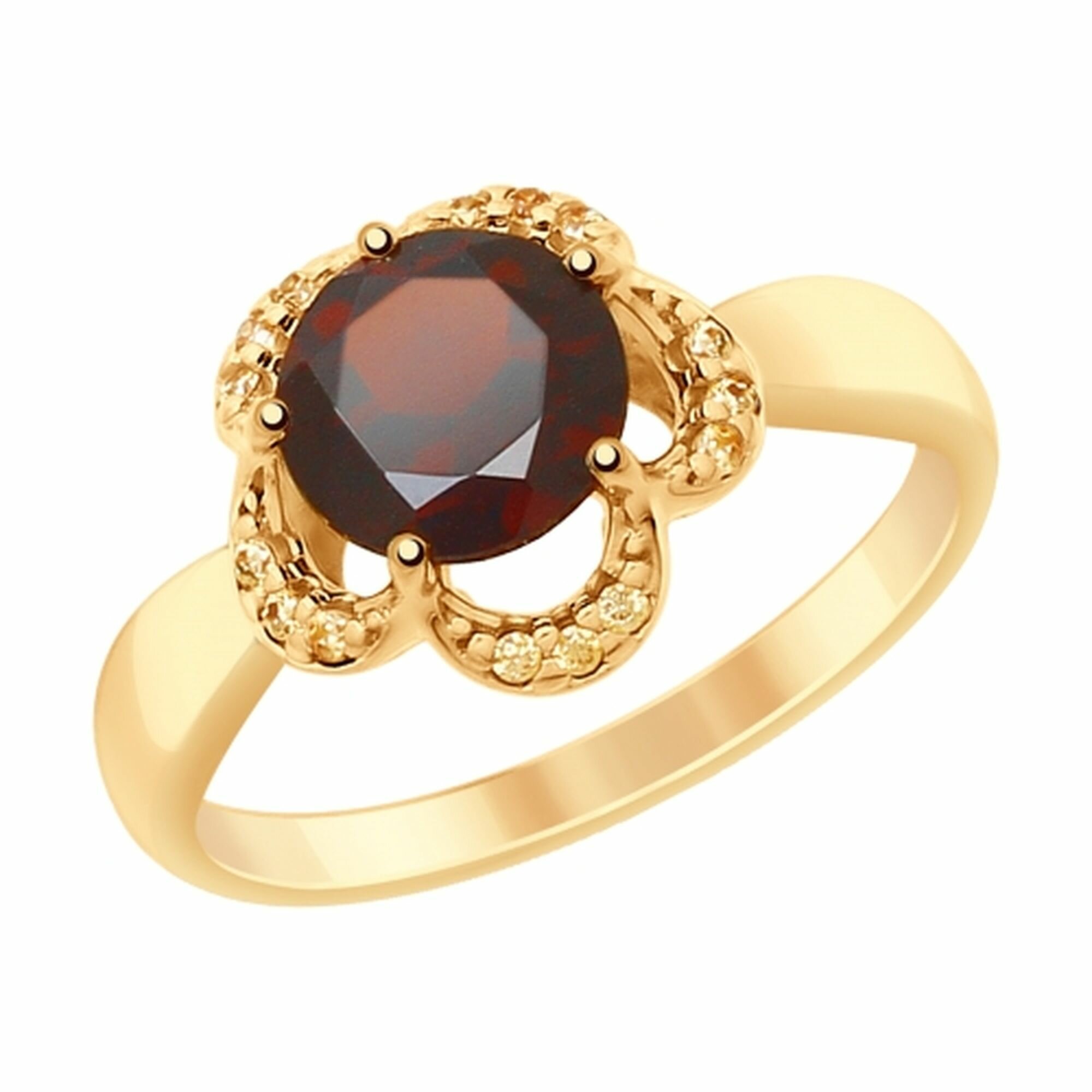 Кольцо, серебро, 925 проба, золочение, гранат, фианит