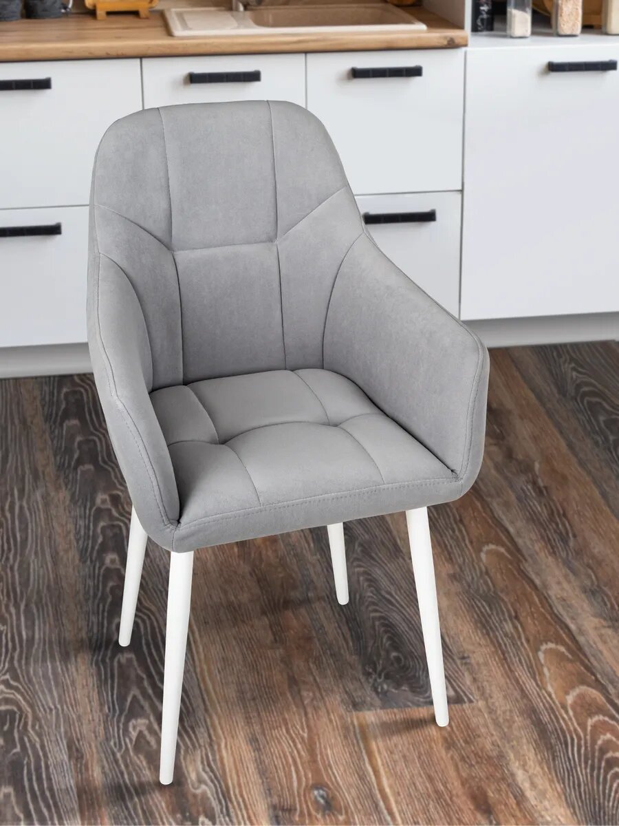 Стул мягкий для комнаты с подлокотниками и спинкой 1 шт, цвет светло- серый с белыми ножками, "Ваш Стул"