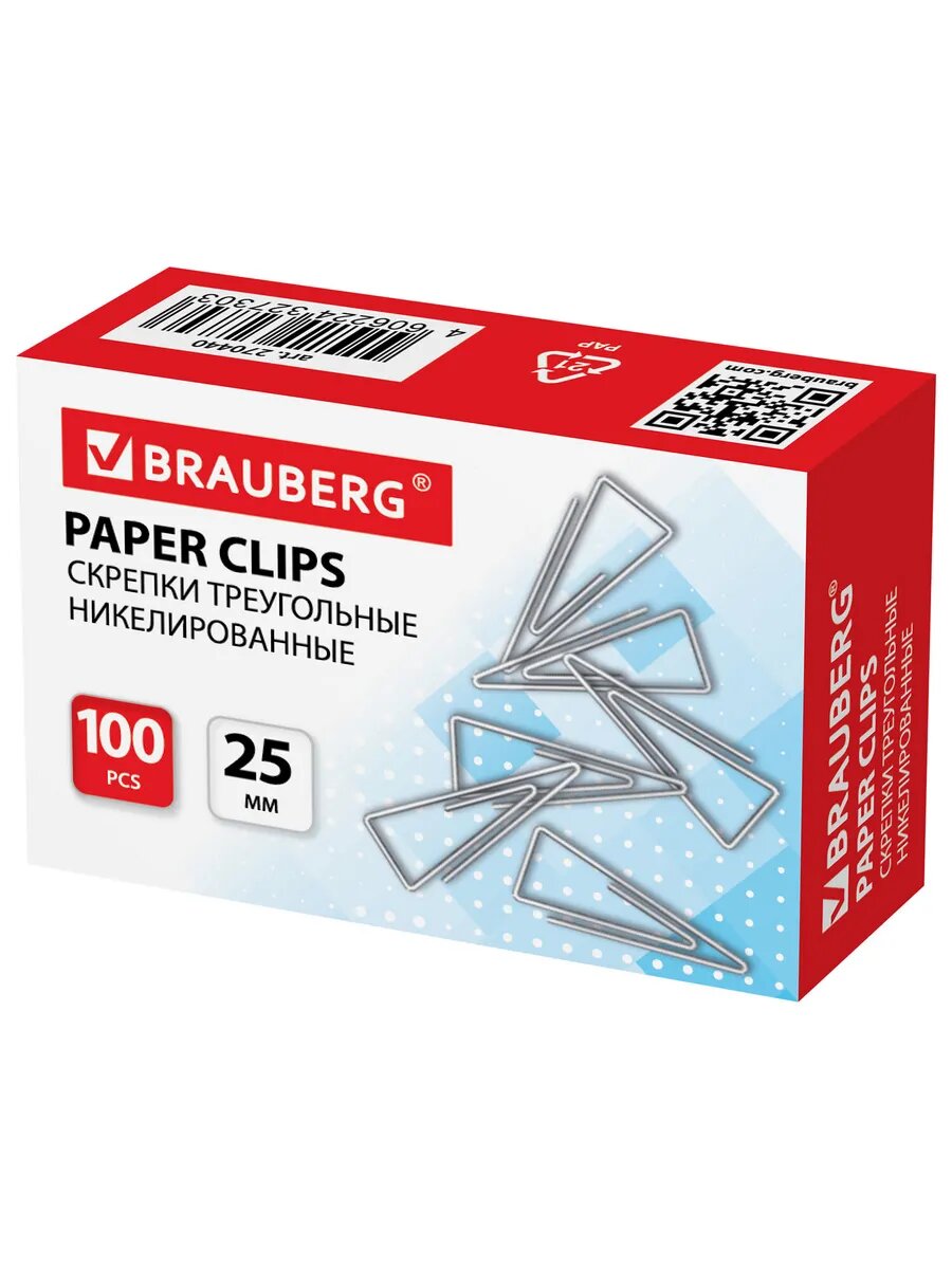 10шт Скрепки BRAUBERG, 25 мм, никелированные, треугольные, 1