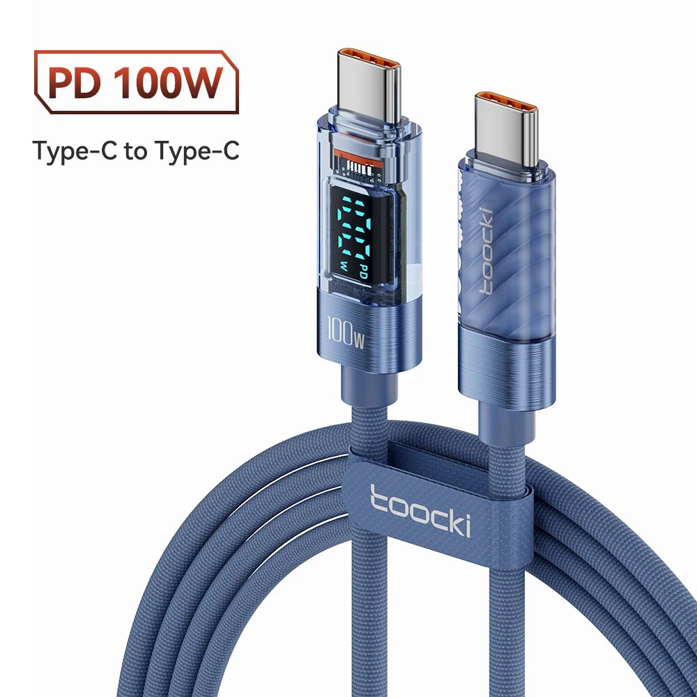 Кабель Toocki Type-C на Type-C 2м, 100W Blue, с дисплеем