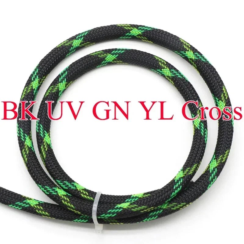 Плетеный рукав из ПЭТ для кабеля BK UV GN YL Cross, 1 Meter, 8mm