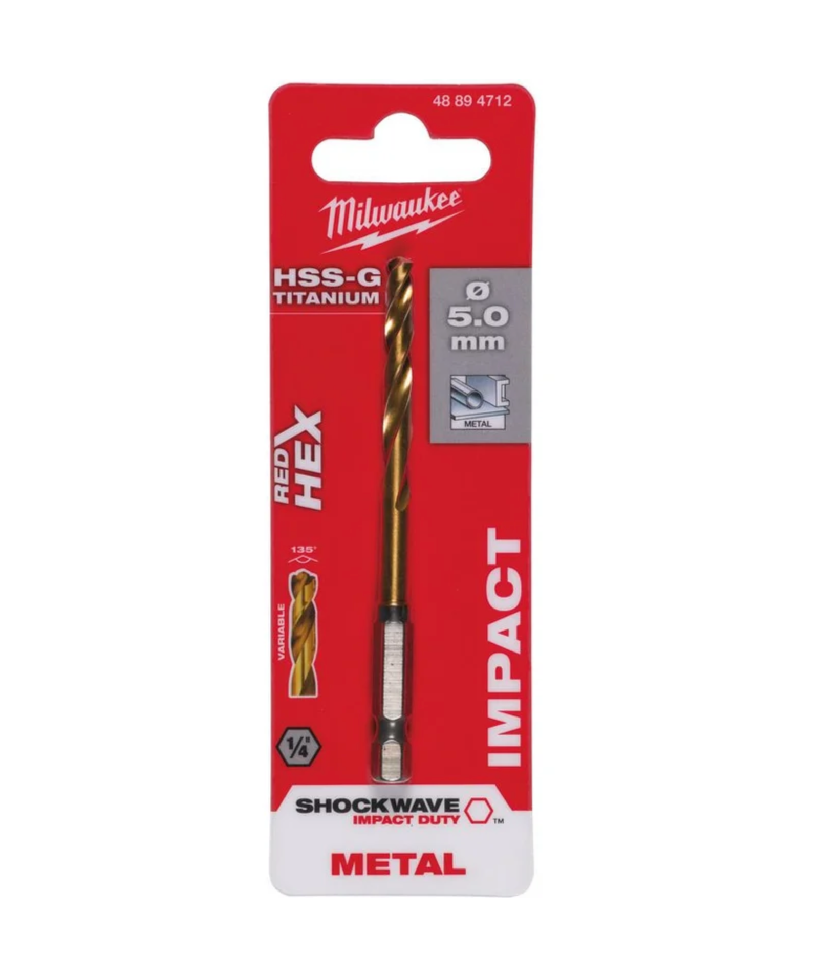 Сверло Milwaukee RedHEX HSS-G TiN по металлу 5.0мм, 48894712