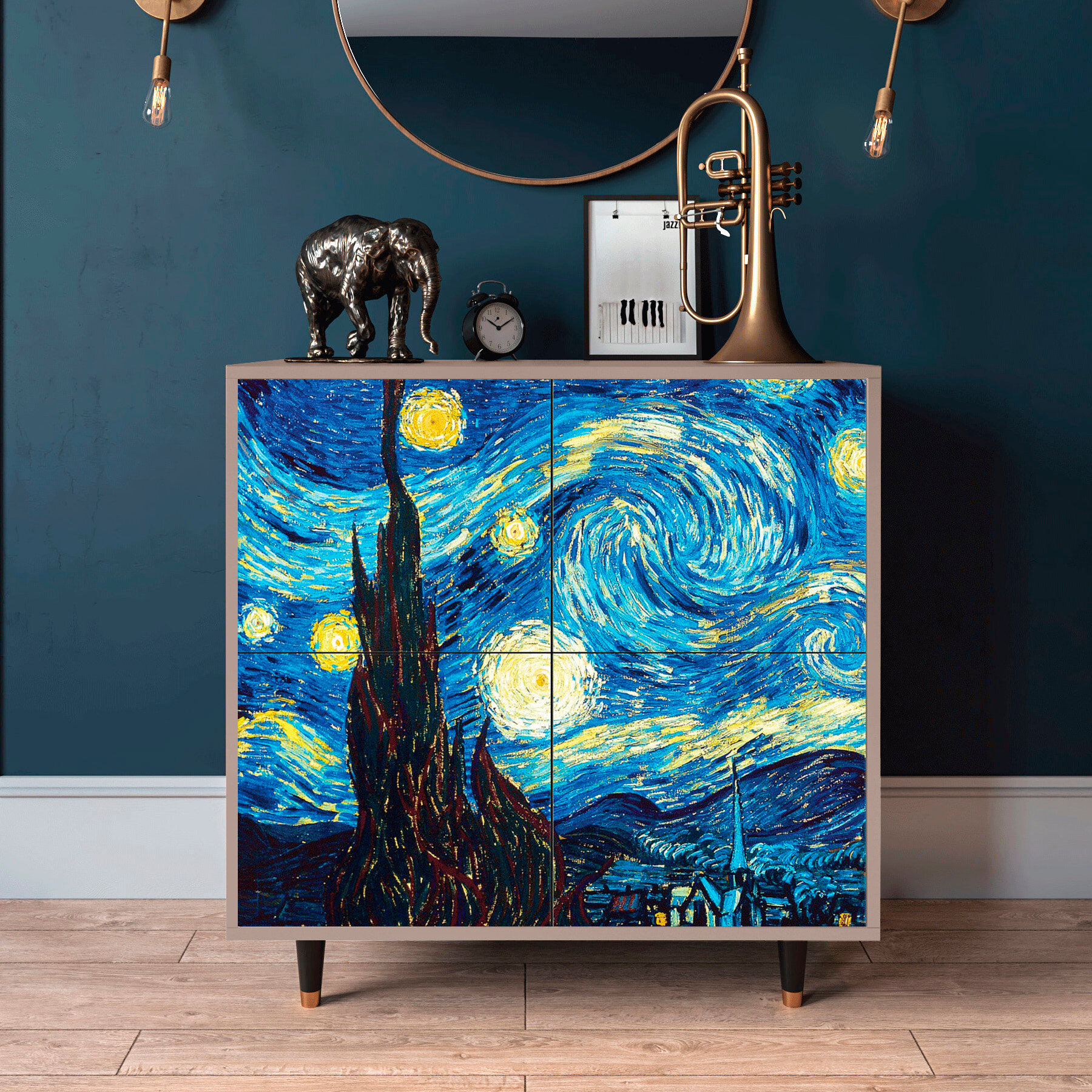 Комод - STORYZ - BS3 The Starry Night by Vincent van Gogh , Размер - 94 x 96 x 48 см, Цвет корпуса - Бежевый