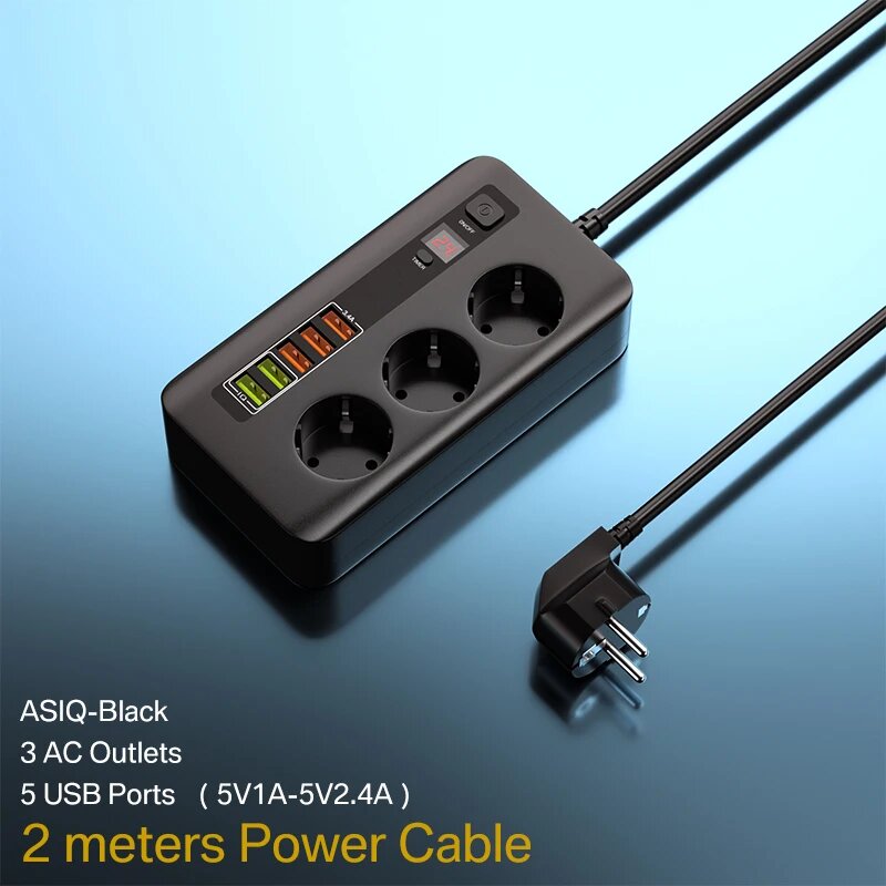 ASOMETECH Черная умная розетка с 3 розетками, 5 USB (2.4A)