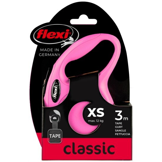 Рулетка FLEXI New CLASSIC ремень XS, 3 м, 12кг, розовый