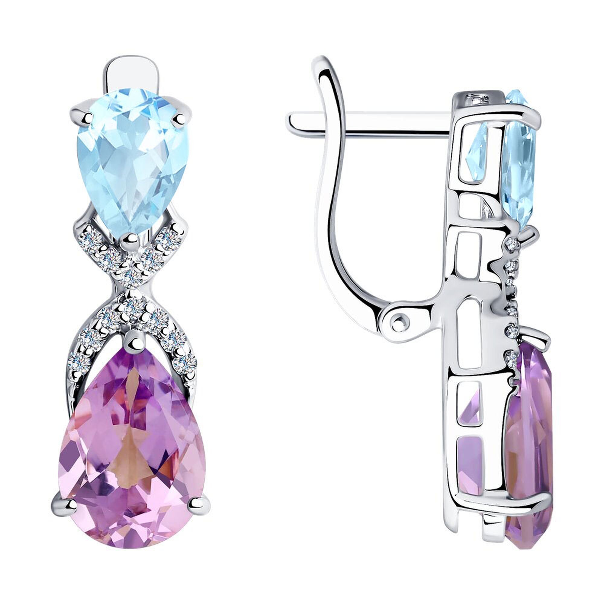 Серьги, серебро, 925 проба, родирование, топаз, фианит, аметист