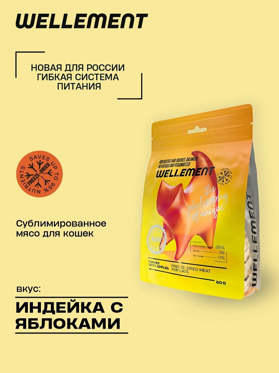 Сублимированное мясо для кошек Wellement лакомство с индейкой и яблоком, 60 г