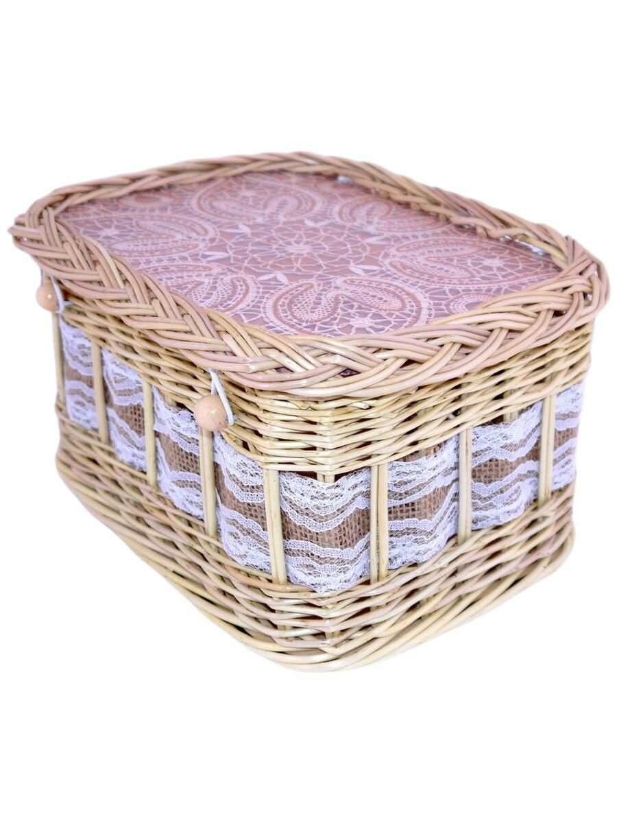 Шкатулка (корзина) плетеная прямоугольная с принтом на крышке "Кружево" №1, ручное плетение из лозы