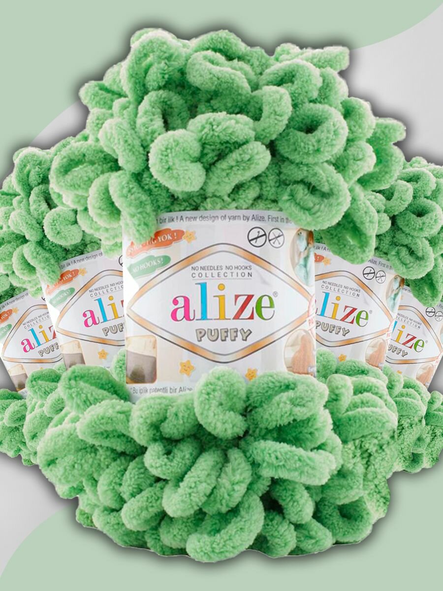 Пряжа для вязания Alize Puffy с готовыми петлями, цвет 103 спаржа, 100 г / 9 м, 5 мотков
