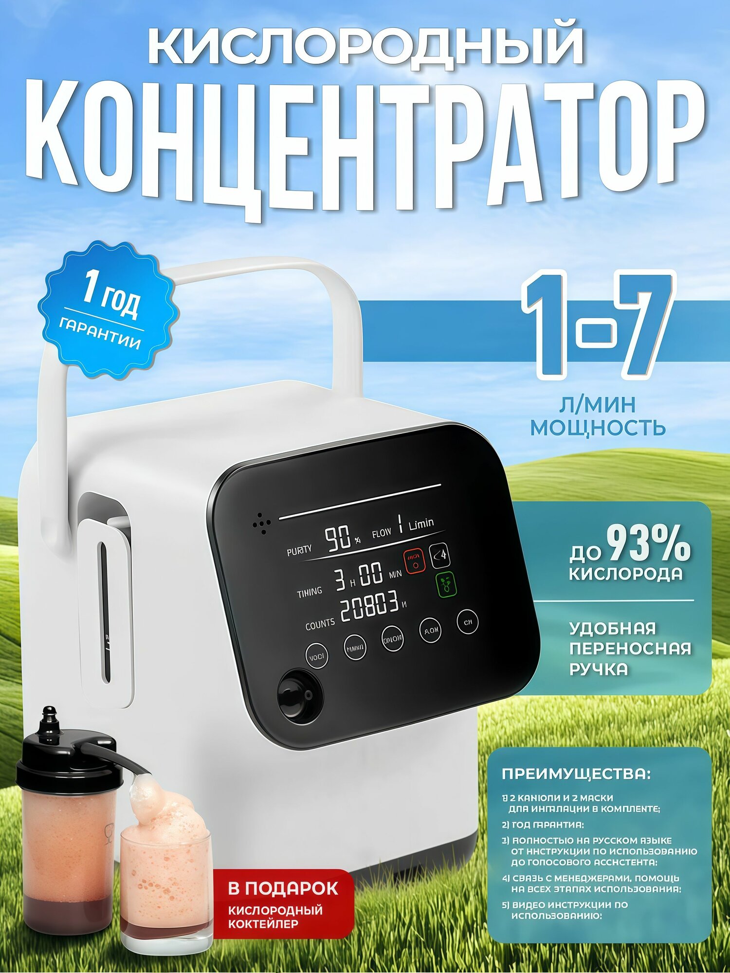 Концентратор кислорода, 1 л/мин, медицинский переносной генератор кислорода для домашнего использования