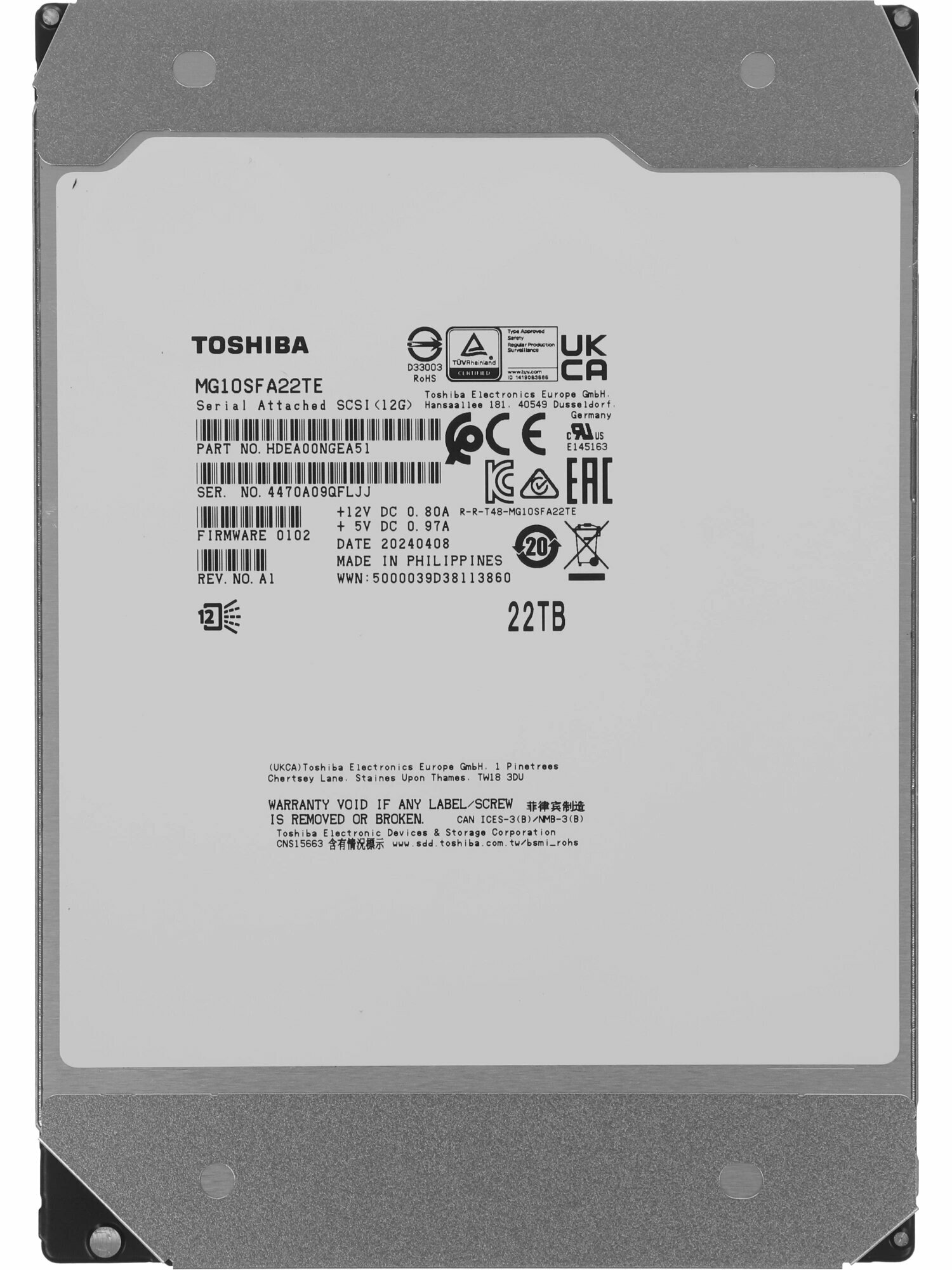Жесткий диск 22TB Toshiba SAS 3.0 MG10SFA22TE 7200rpm 3.5"