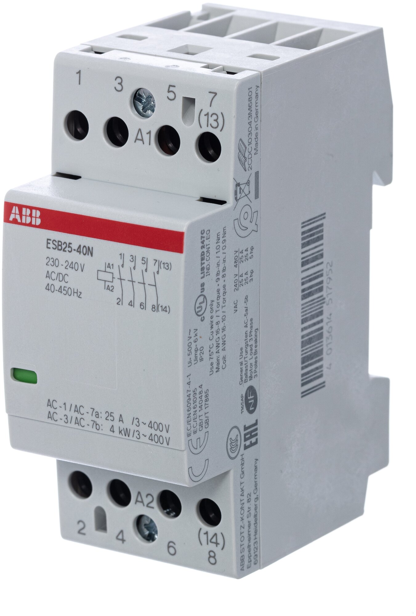 ABB Контактор ESB25-40N-06 модульный (25А АС-1, 4НО), катушка 230В AC/DC