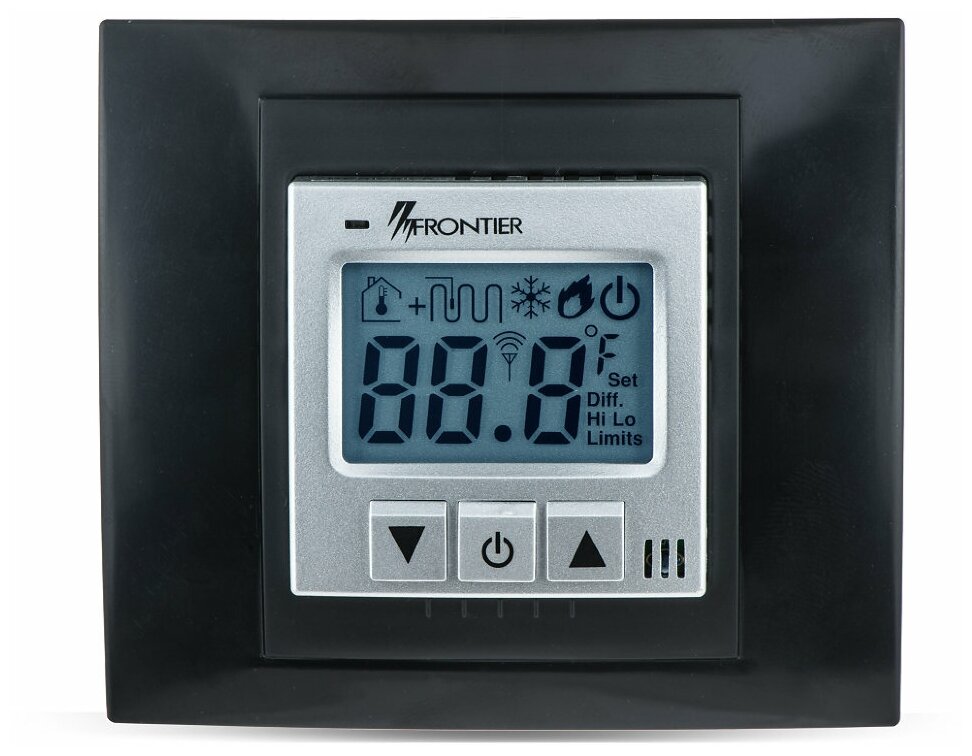 Терморегулятор Frontier TH-0502RS с датчиком пола и воздуха, механизм цвета алюминий с рамкой черного цвета