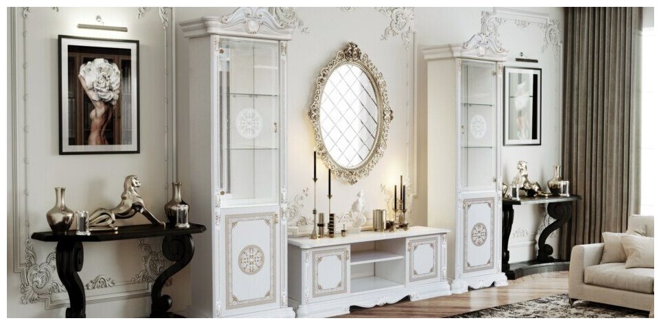 Гостиная Диа Грация цвет: белый с золотом глянец(шкаф-витрина 1дв. 2шт, тумба под тв)