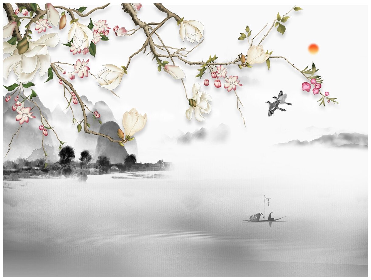 Фотообои Уютная стена "Весенний пейзаж с ветками" 360х270 см Бесшовные Премиум (единым полотном)