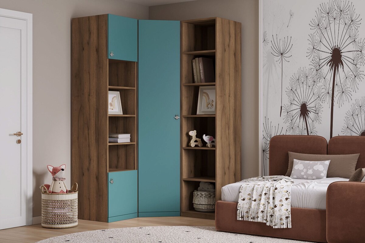 Детская стенка МебельЛэнд24 Скарабей - 6 МДФ Аквамарин 173x52x210 синий со шкафом со стеллажом